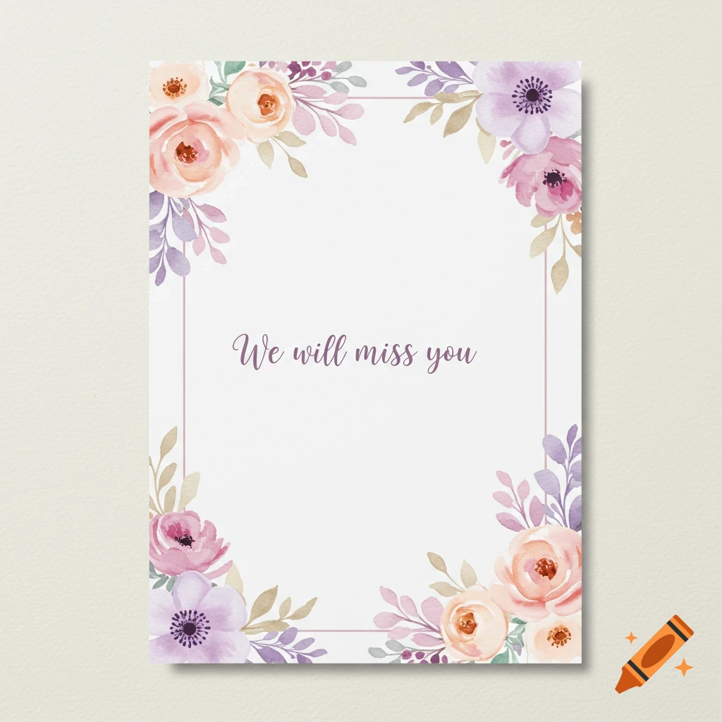 Card template with watercolor flowers around the edges and 'We will ...