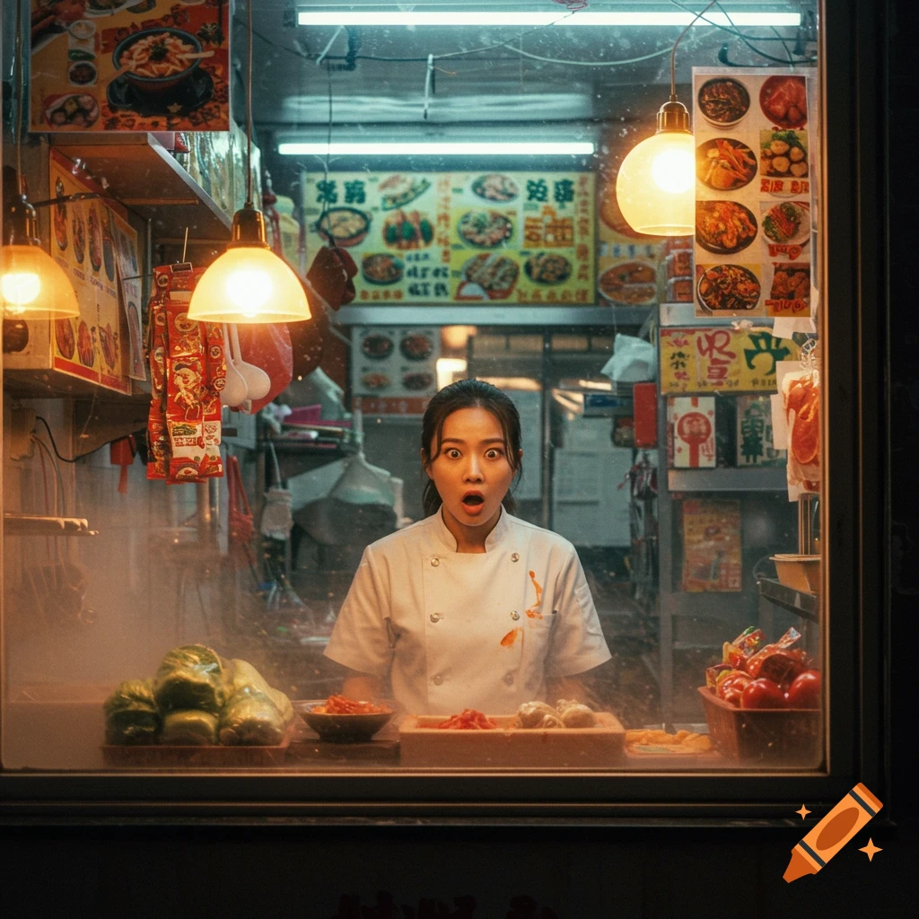 Woman in chef uniform looking surprised through a food stall window. on ...