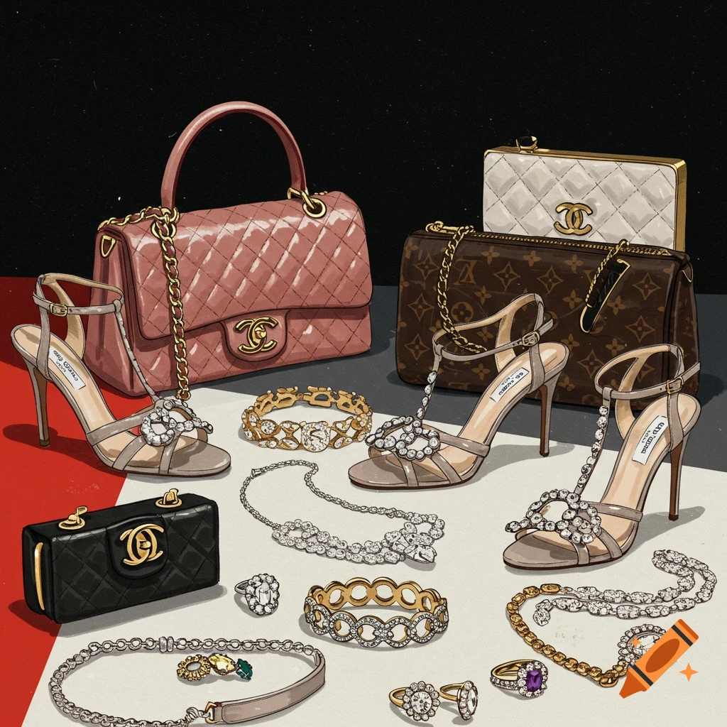 Luxury fashion accessories including designer bags and heels on Craiyon