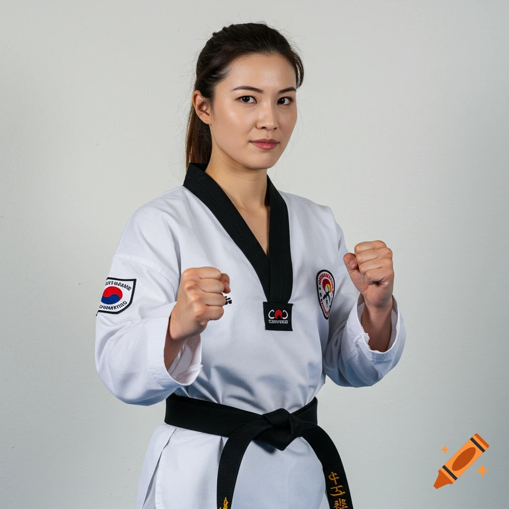 Female Taekwondo instructor in white uniform with black collar on Craiyon