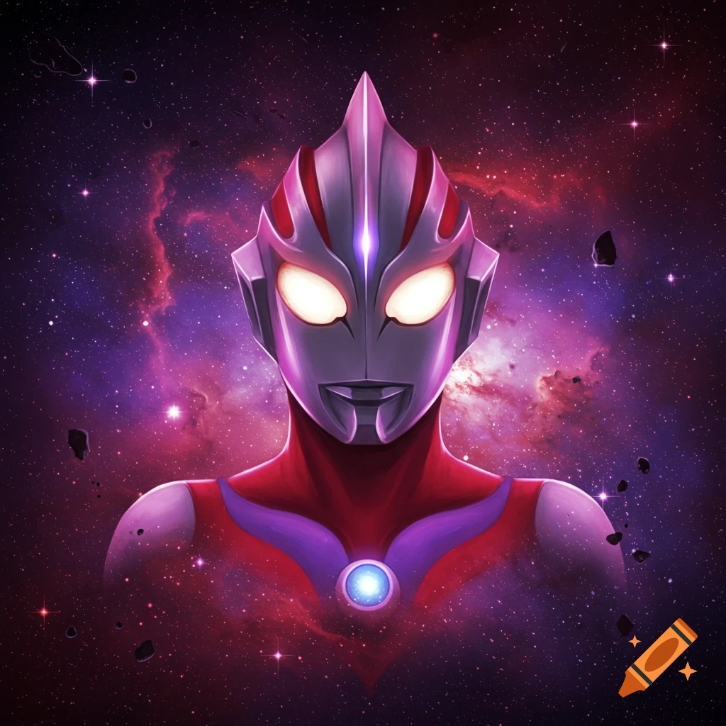 Giant Ultraman Tiga bust in a deep, cosmic space with purple, red, and dark blue tones. on Craiyon