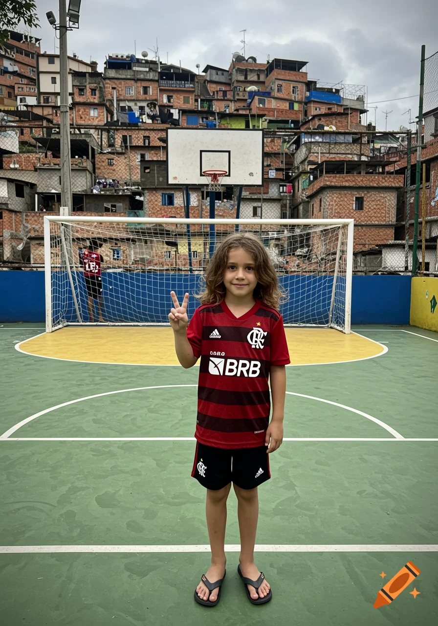 Photo of a boy in a Flamengo jersey holding a peace sign on an outdoor ...