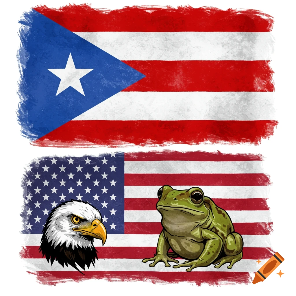 Puerto Rican flag above US flag with bald eagle head and coqui frog on ...