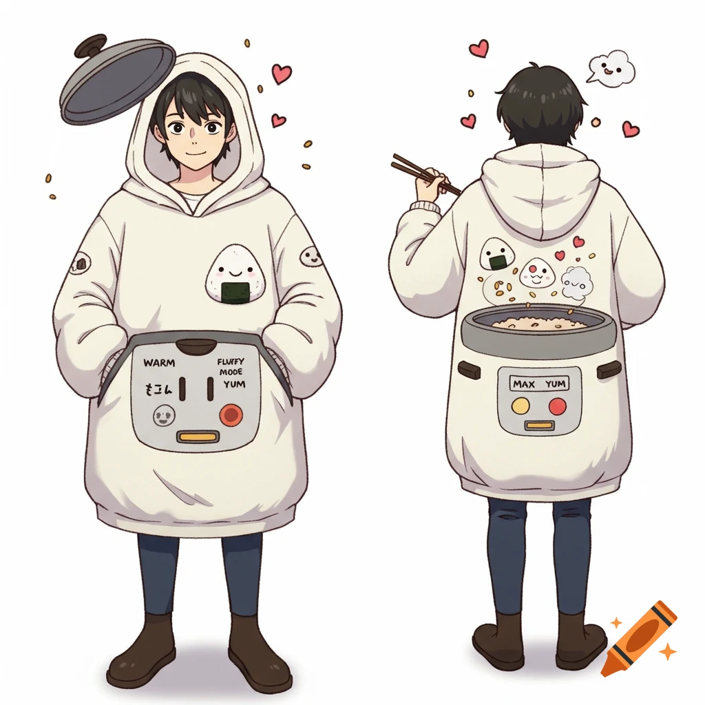 Ghibli-inspired anime male character in a rice cooker hoodie on Craiyon