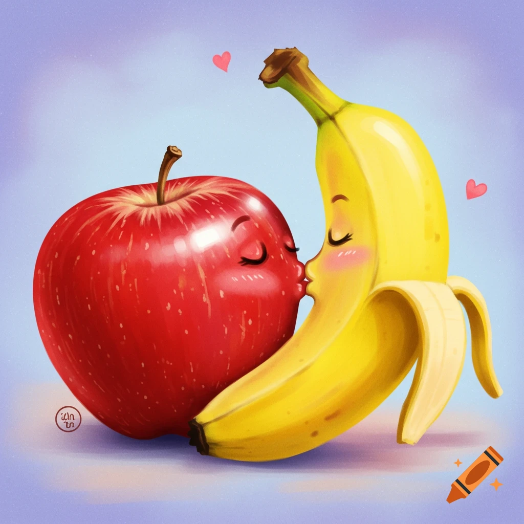 A cute cartoon apple kissing a banana. on Craiyon