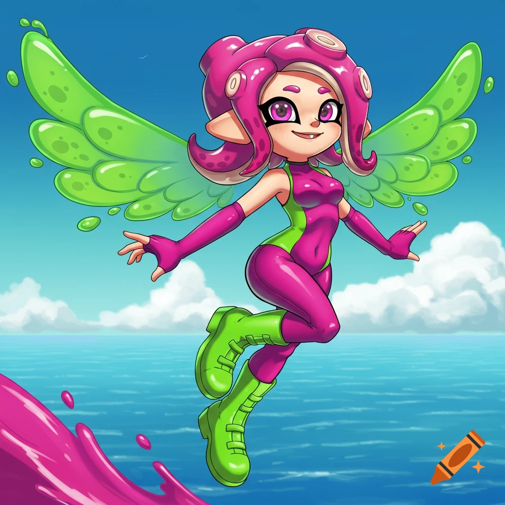 Octoling girl in a hot pink suit with lime green ink wings flying over ...