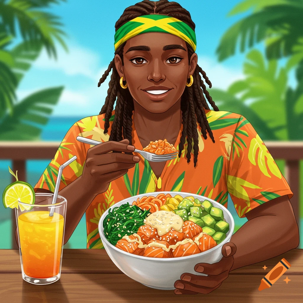 Jamaican person eating poke on Craiyon