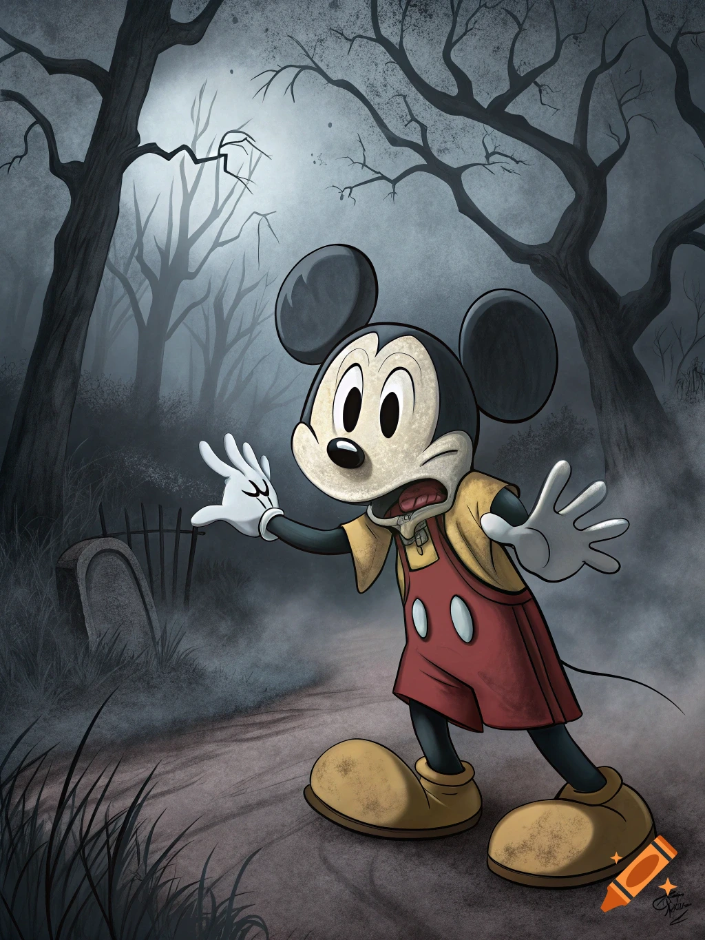 Mickey Mouse looks scared in a dark, foggy forest with a tombstone. on ...