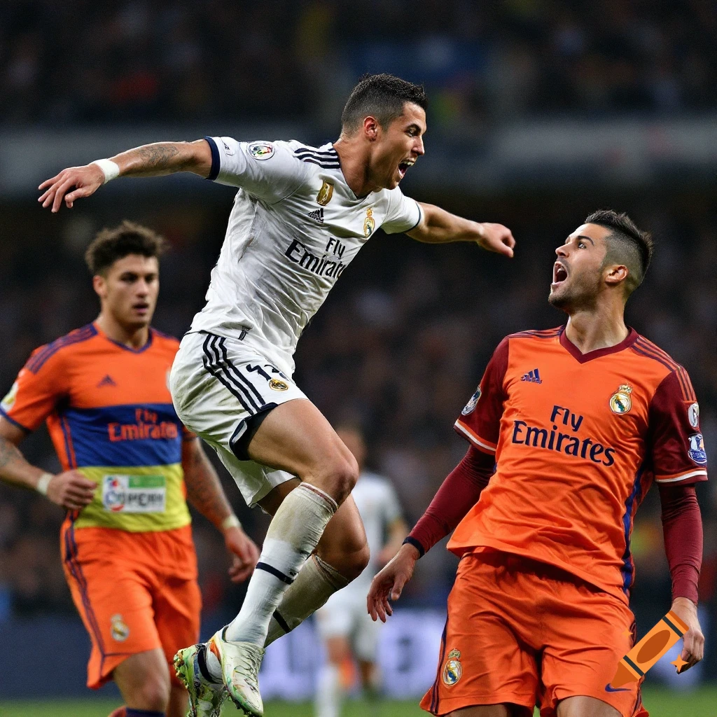 Football players Cristiano Ronaldo and opponent in action during a ...