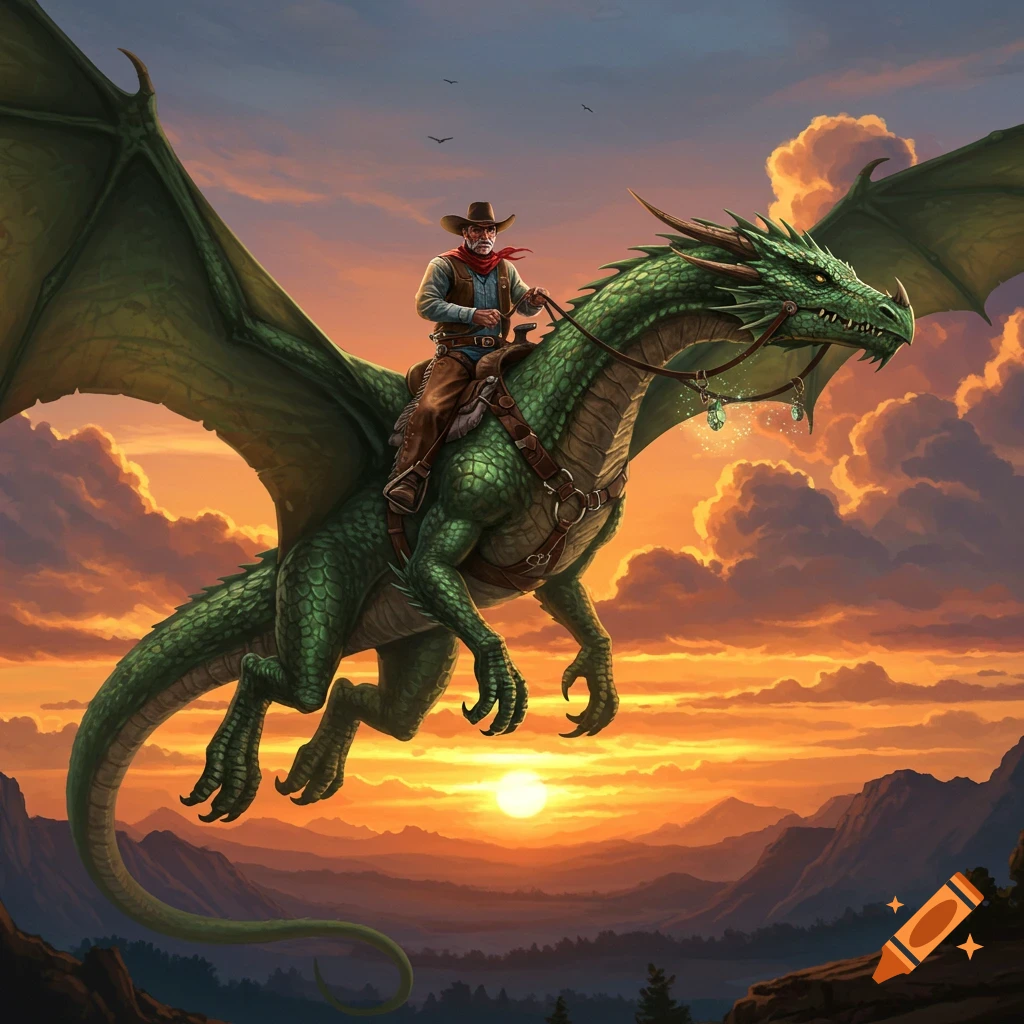 A cowboy riding a green dragon at sunset over mountains. on Craiyon