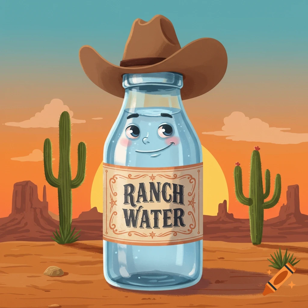 Sentient bottle of water with a cowboy hat named "ranch water" on Craiyon