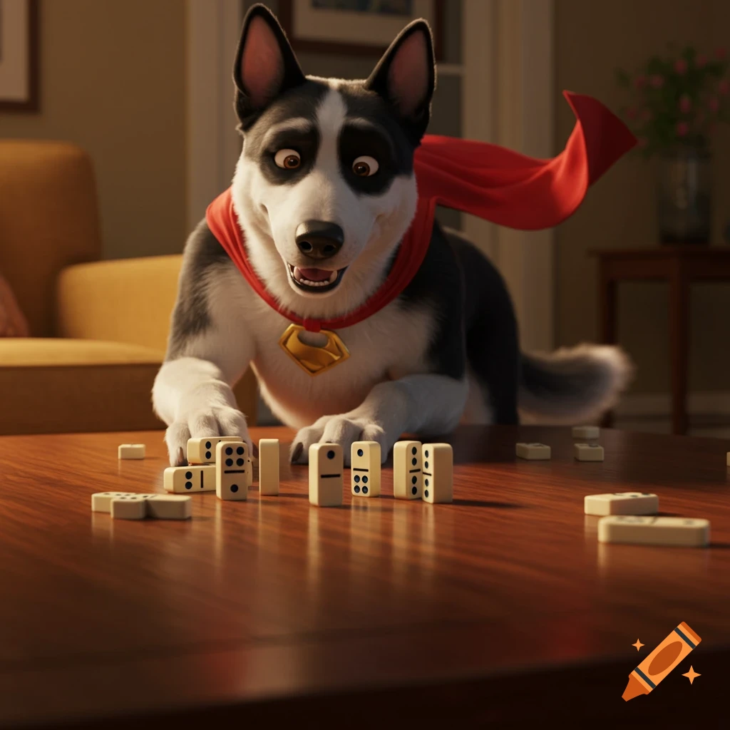 A dog in a red superhero cape playing dominoes on a table. on Craiyon