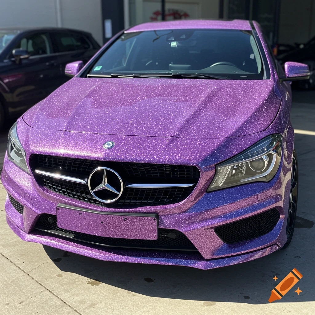 A Mercedes-Benz car covered in sparkly purple glitter wrap on Craiyon
