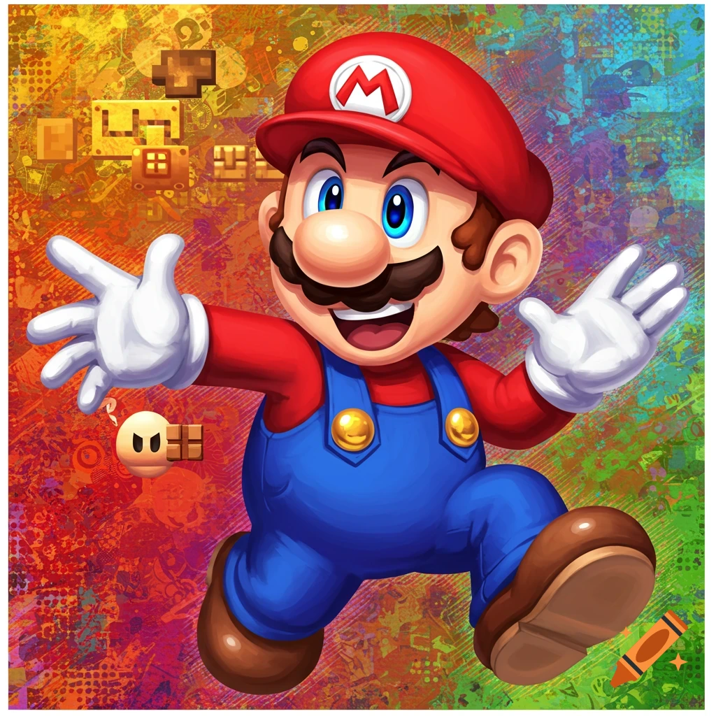 Mario is shown mid-jump against a vibrant background that incorporates ...