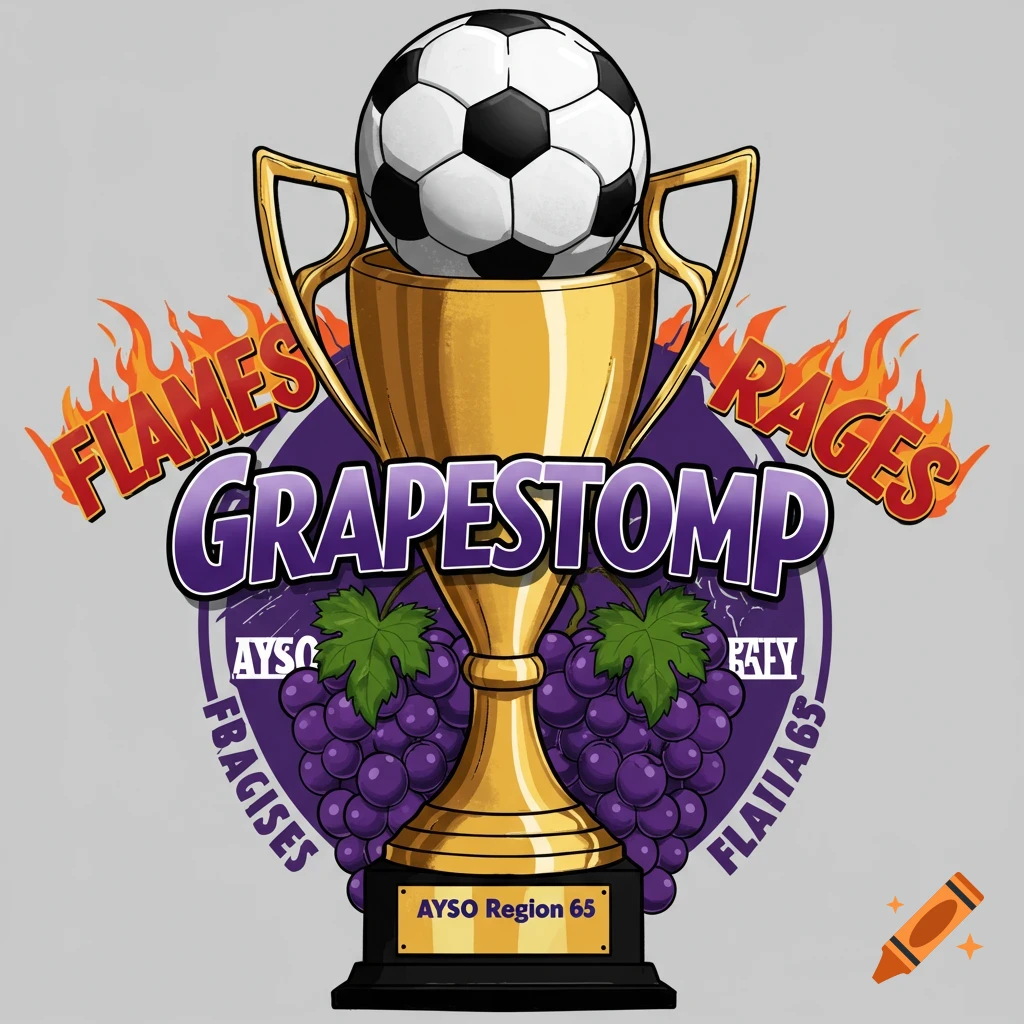Graphic logo with a gold trophy, soccer ball, grapes, flames, and text ...