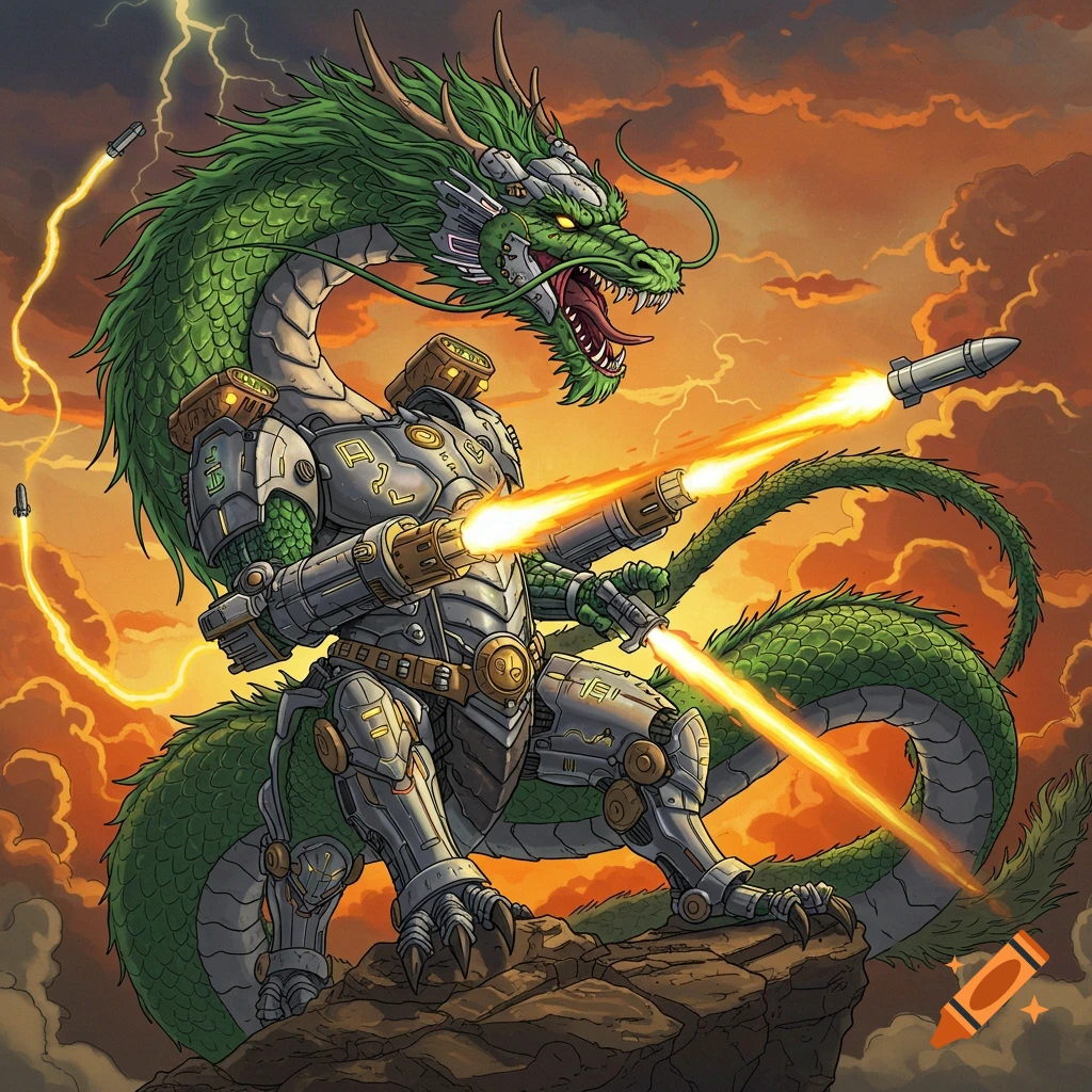 Chinese dragon in power armor firing missiles on Craiyon