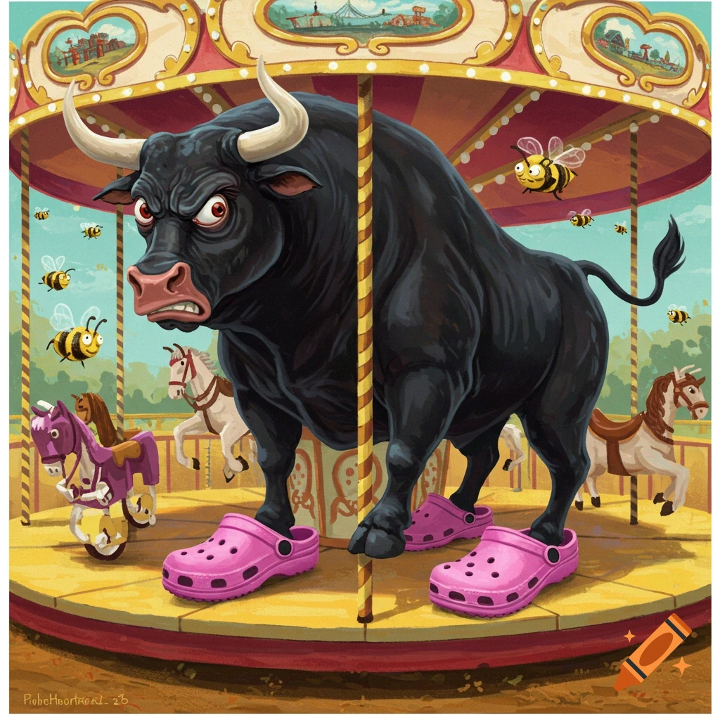 Angry black bull in pink Crocs riding a merry-go-round with bees on Craiyon