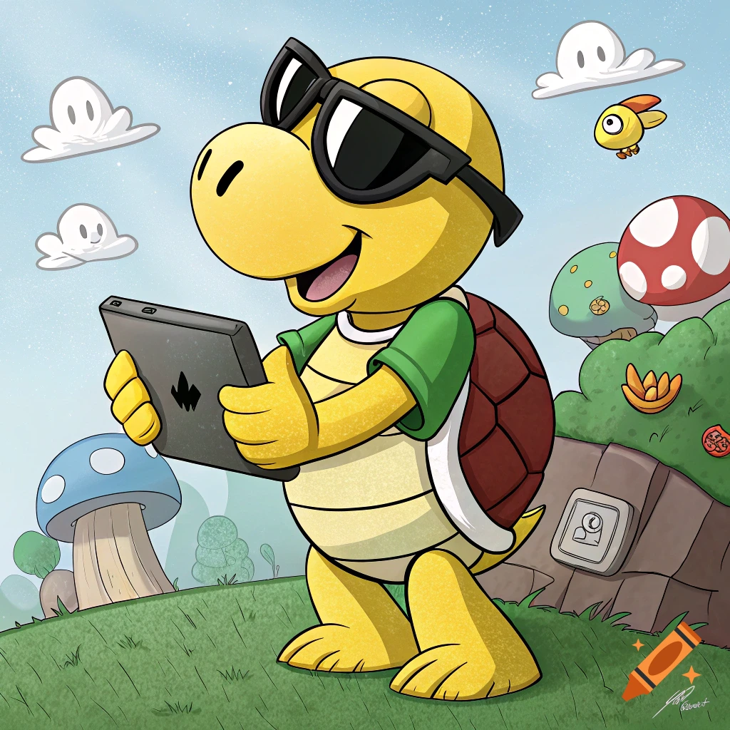 Cartoon of Koopa Troopa in sunglasses holding a tablet in a field with ...