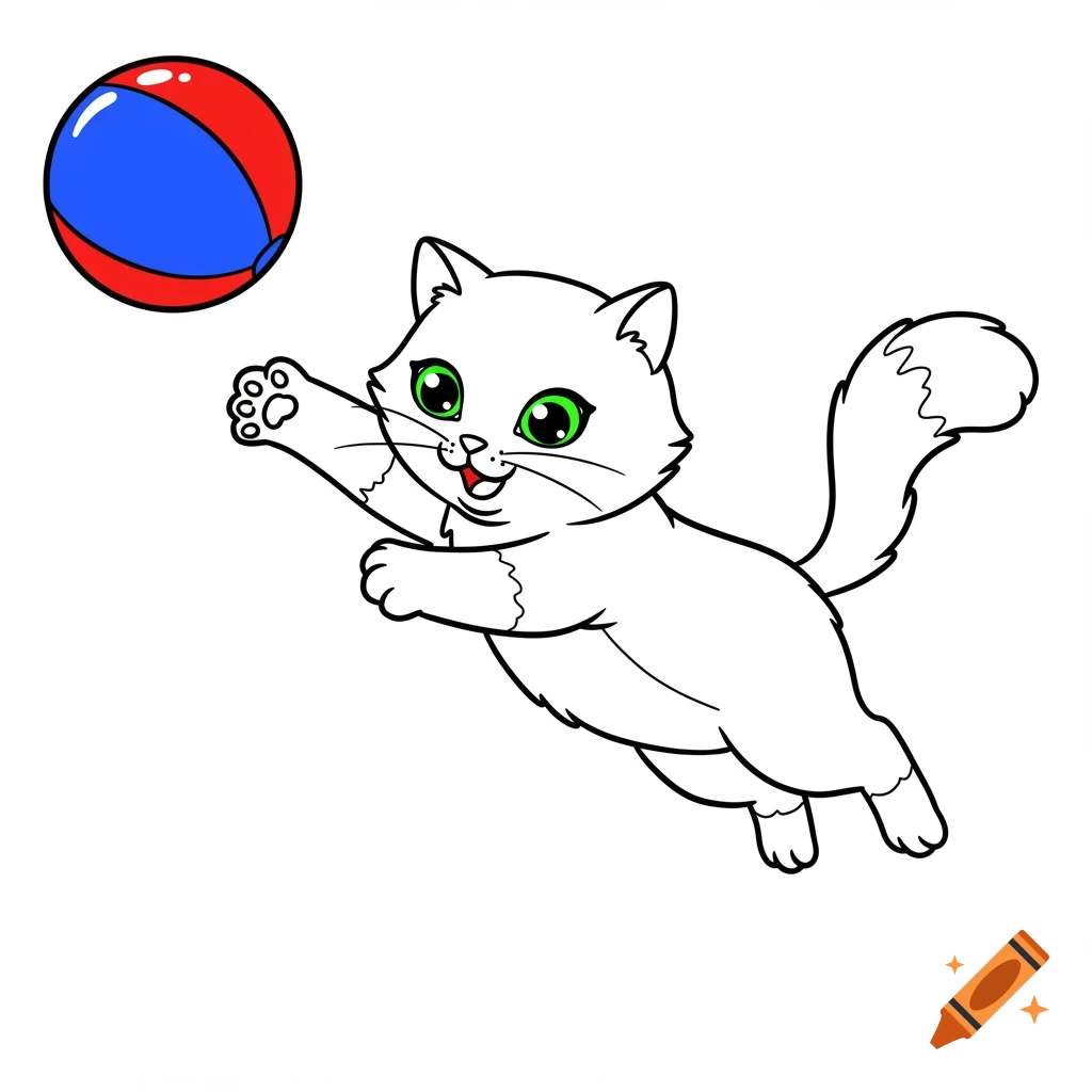 Cartoon white cat with green eyes jumping to bat a red and blue ball ...