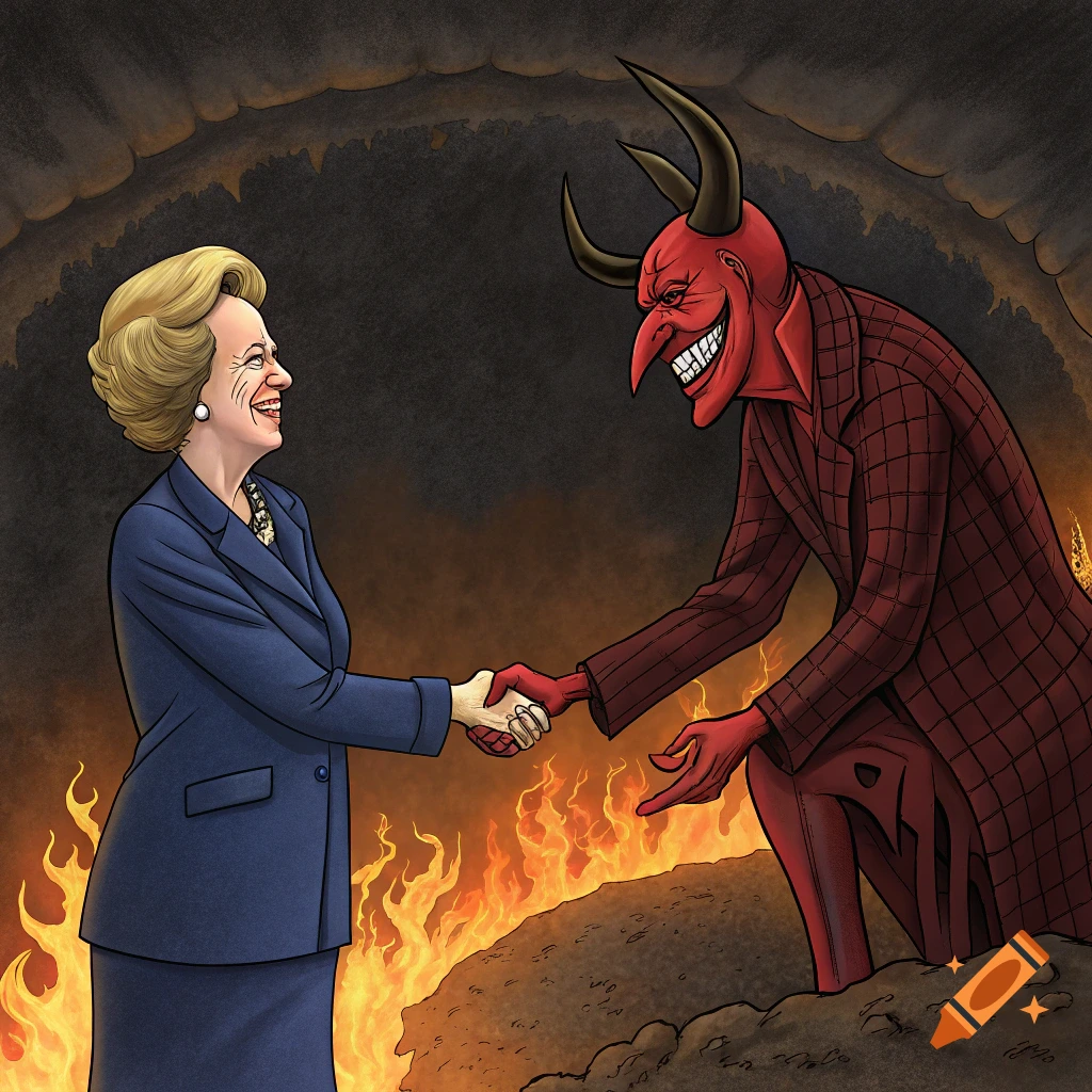 Cartoon illustration of Margaret Thatcher shaking hands with Satan in hell. on Craiyon