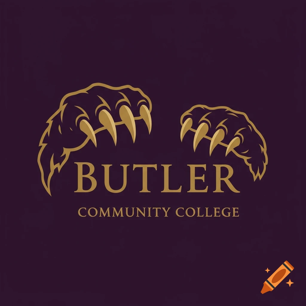 Gold bear claws above "BUTLER COMMUNITY COLLEGE" text on a purple ...