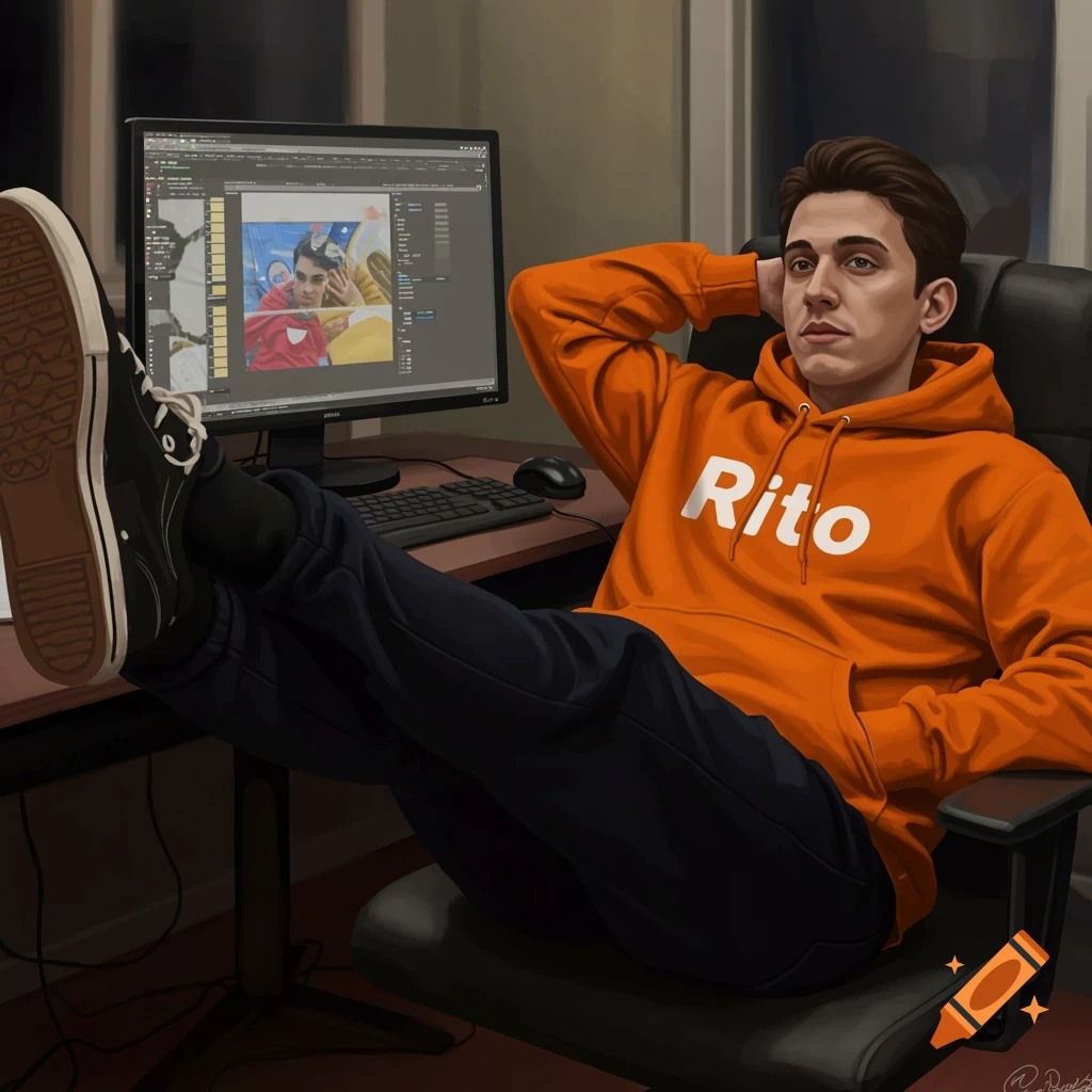 Man in orange hoodie with 'Rito' on desk on Craiyon