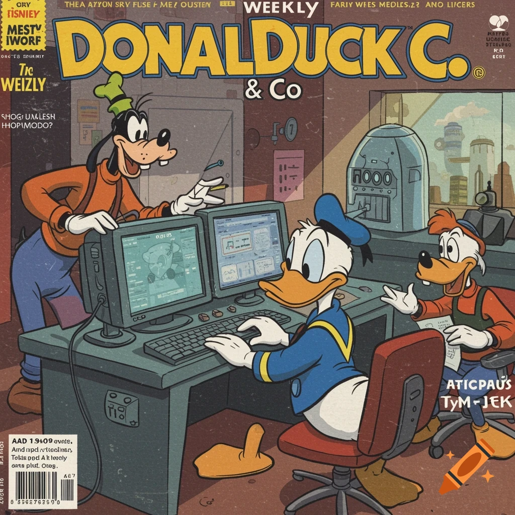 Donald Duck & Co magazine cover featuring Donald Duck at a computer ...