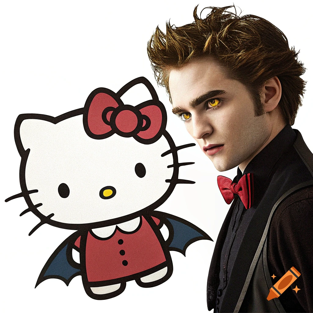 An outline drawing of Hello Kitty next to a black silhouette of Batman ...