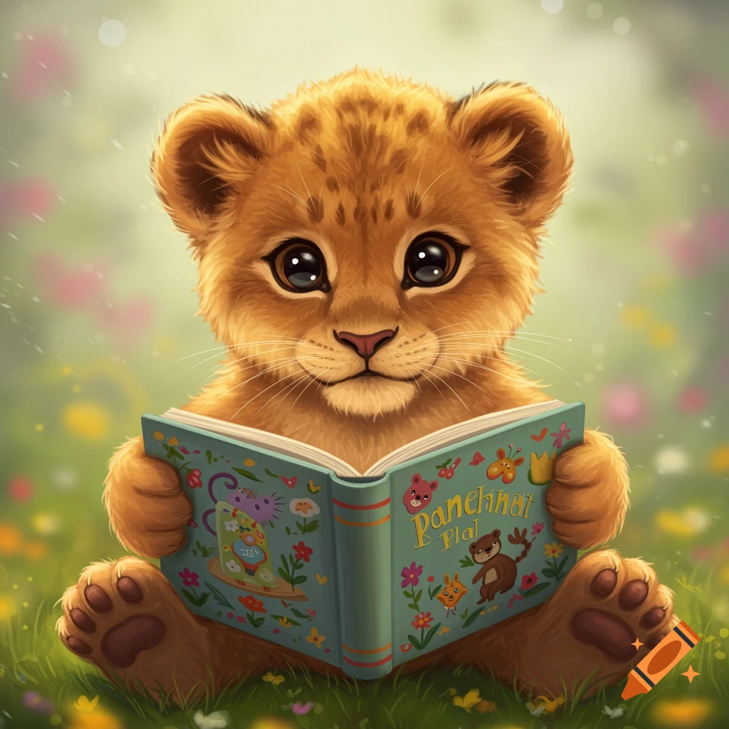 A whimsical illustration of a cute baby lion cub reading a book in a ...