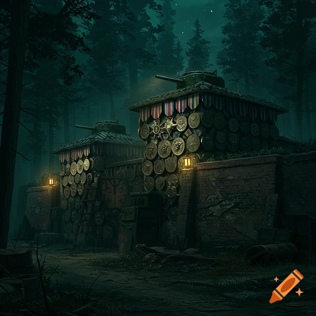 Military base made of metal in the woods at night with brick wall. on ...