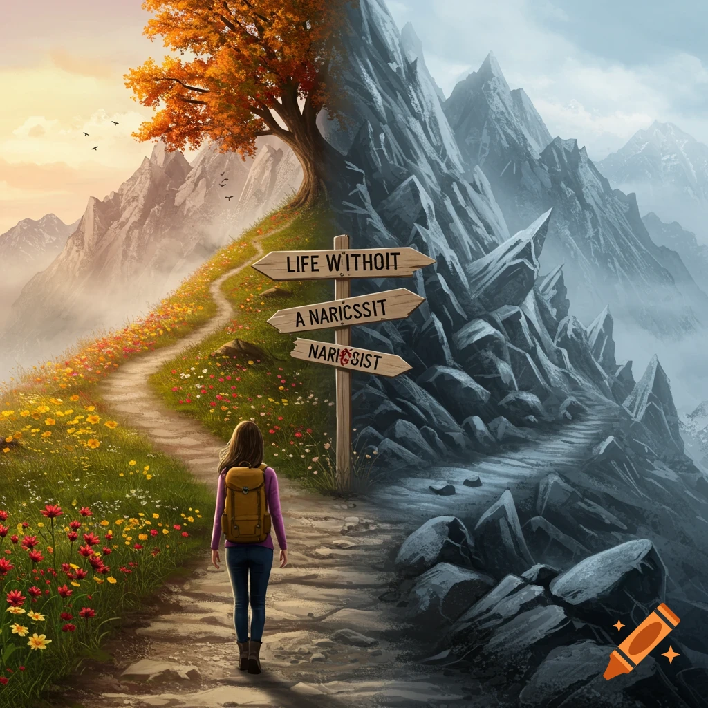 Woman at a crossroads: life with a narcissist (difficult path) vs. life ...