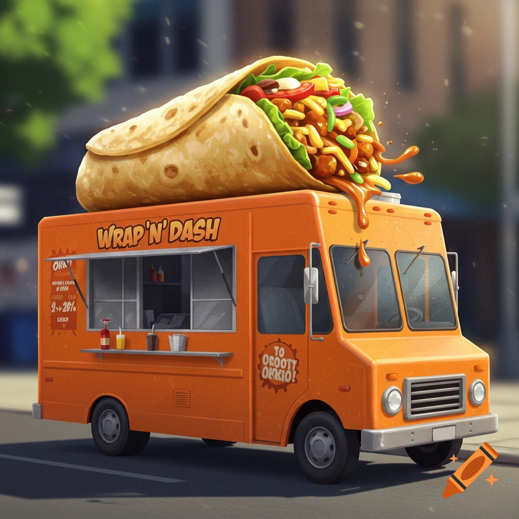 Orange Wrap N' Dash food truck with burrito on Craiyon