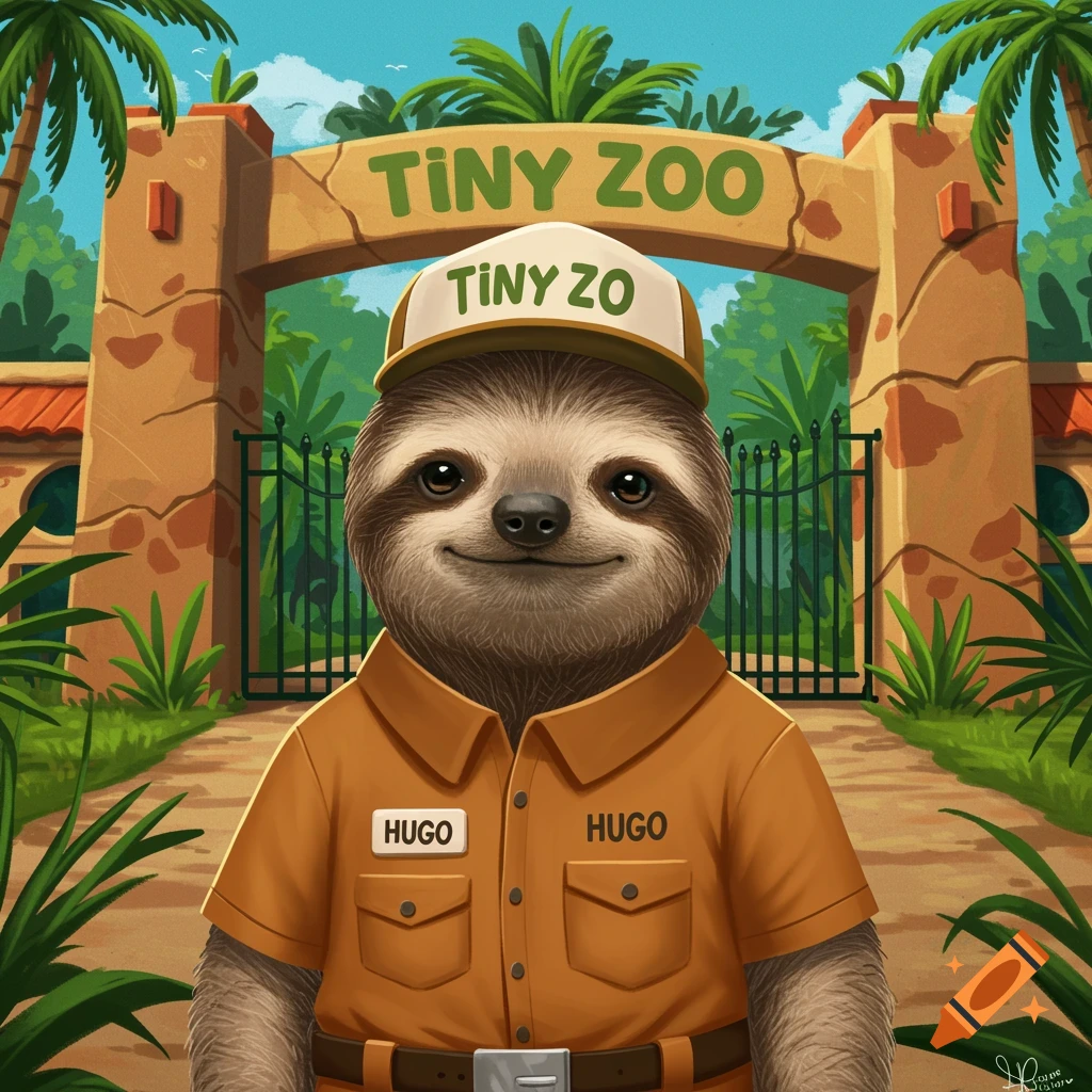 Cartoon illustration of a smiling sloth zookeeper standing in front of the Tiny Zoo entrance. on ...