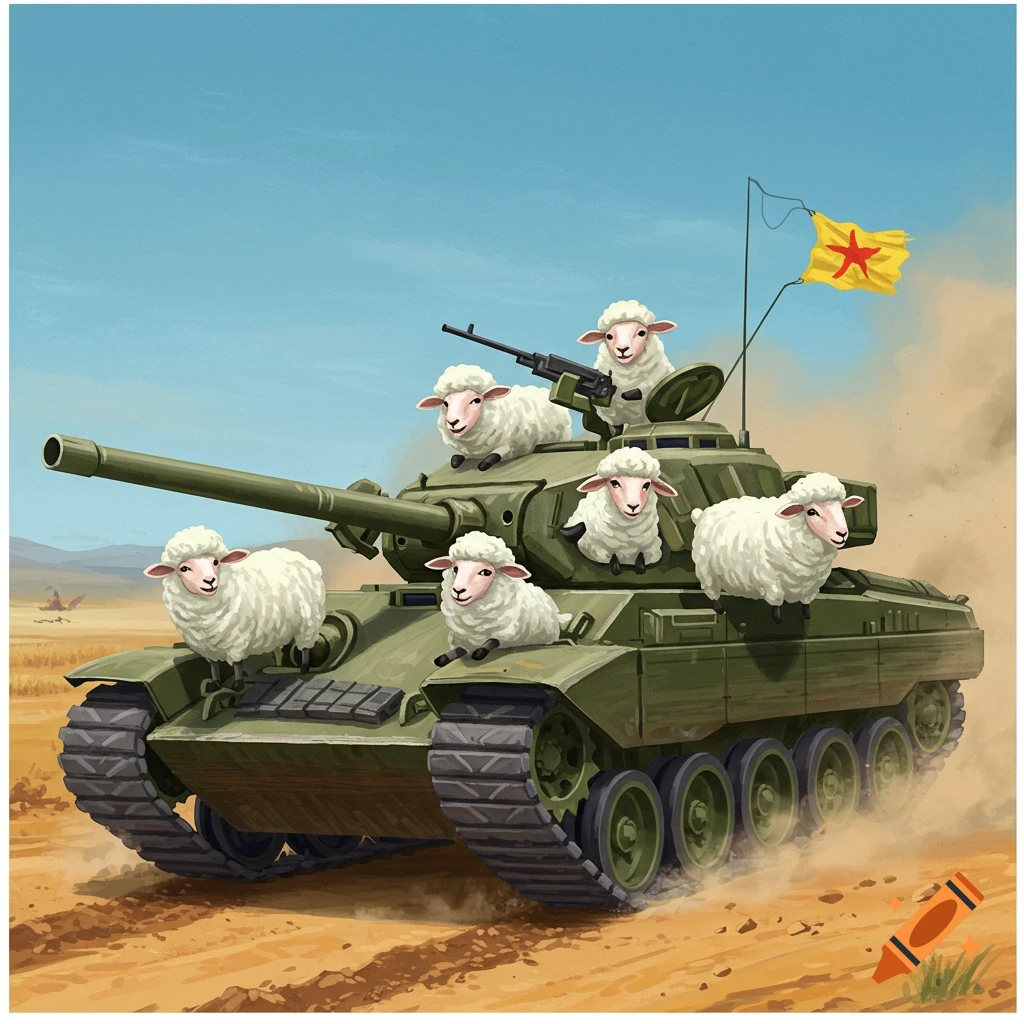 Sheep riding on a military tank through a desert, with a flag on top ...