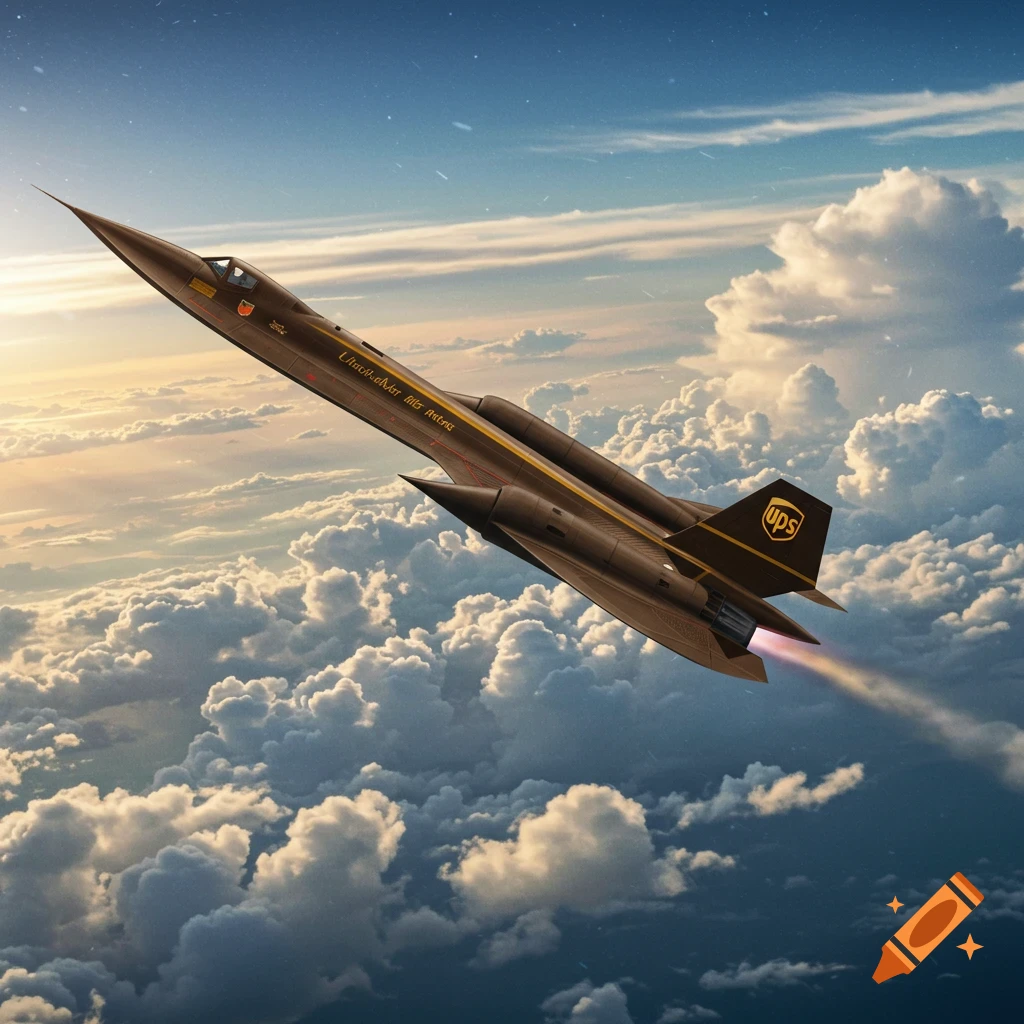 A black SR-71 Blackbird aircraft in UPS livery flying through clouds at ...