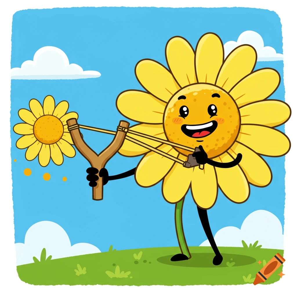 Cartoon clipart of a daisy flower aiming a slingshot on Craiyon