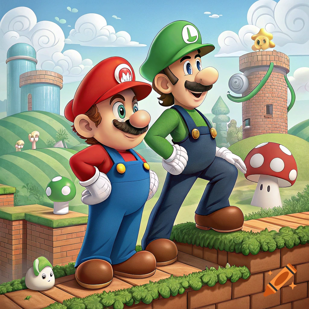 Mario and Link leap for a basketball shot on an outdoor court with city ...