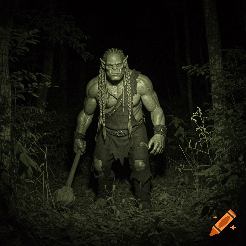 An ogre with braided hair holds a club in a dark forest, captured by a ...