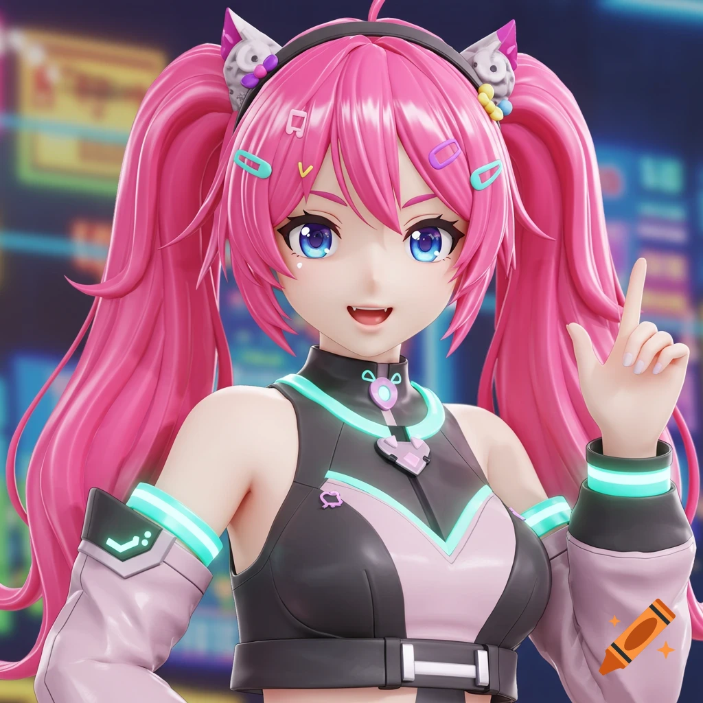 Fun circus jester clown VTuber with pink hair and colorful outfit on ...