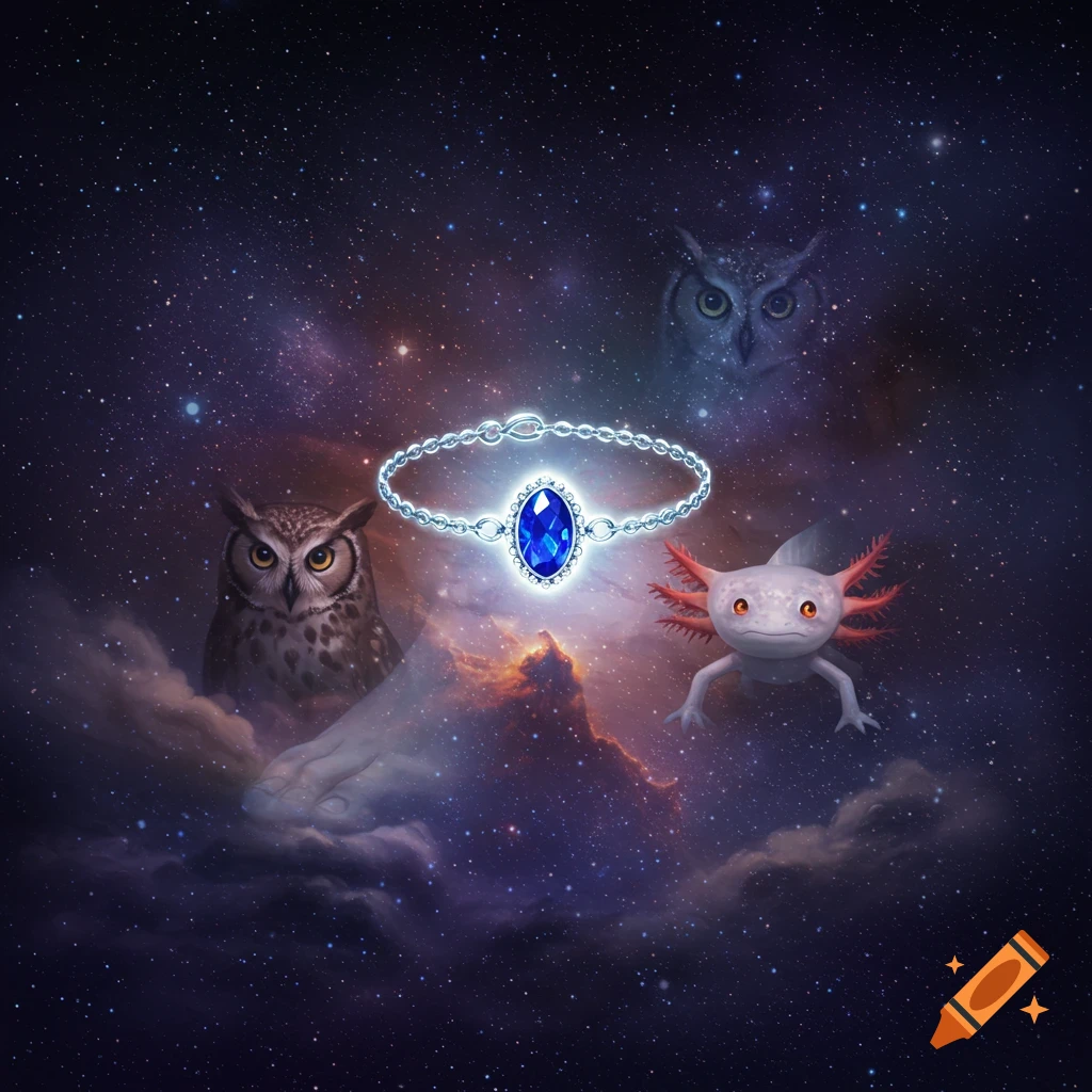 Glowing anklet in starry astral background with owl and axolotl on Craiyon