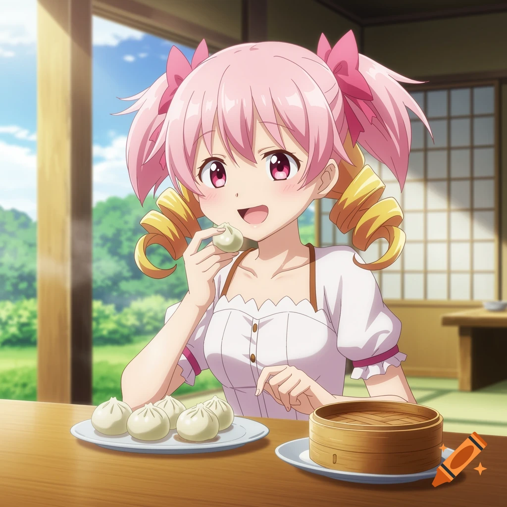 Anime girl with pink hair eating dumplings at a table. on Craiyon