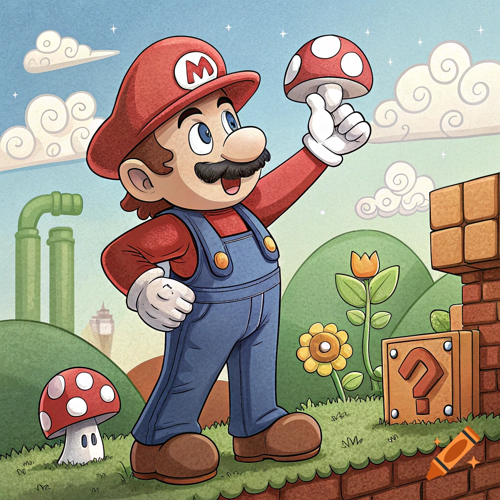 Cartoon illustration of Super Mario running through a colorful game level with mushrooms, bricks ...