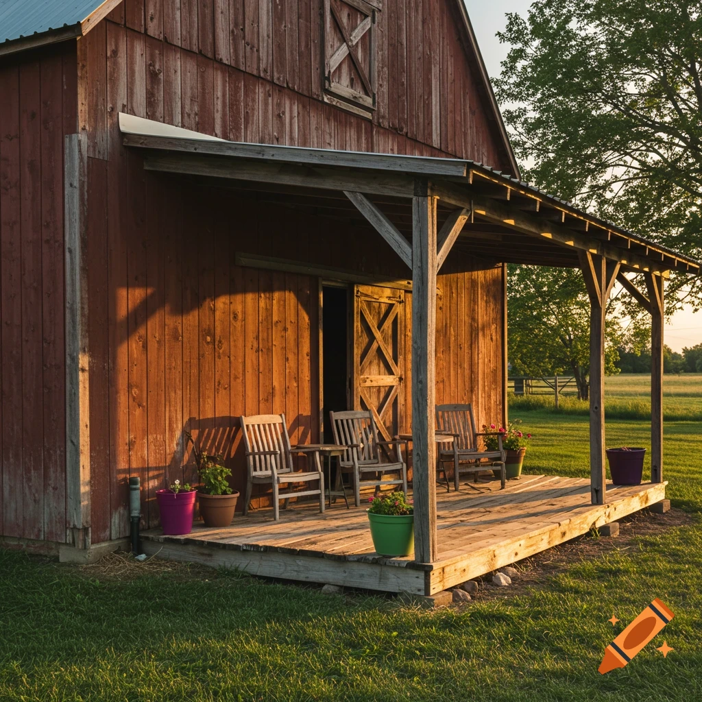 A red barn with a wooden porch in a field at sunset on Craiyon
