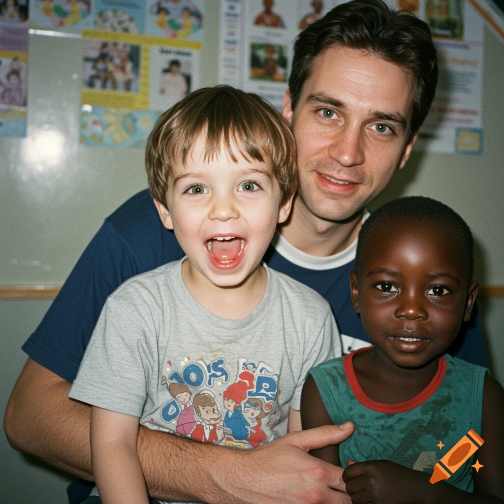 90s Kodak photo of a Russian boy making a funny face with an African ...