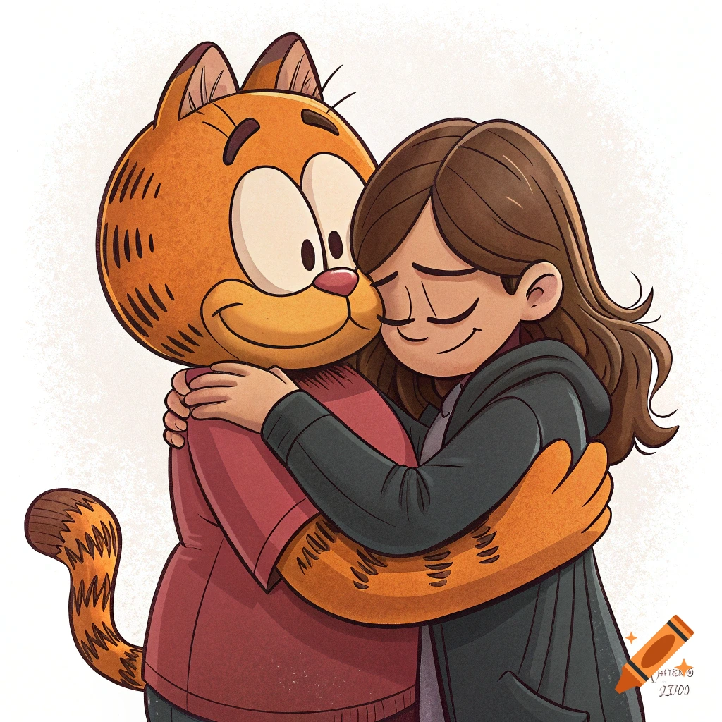 Garfield and Rachel hugging in 2018 Titans edit style on Craiyon