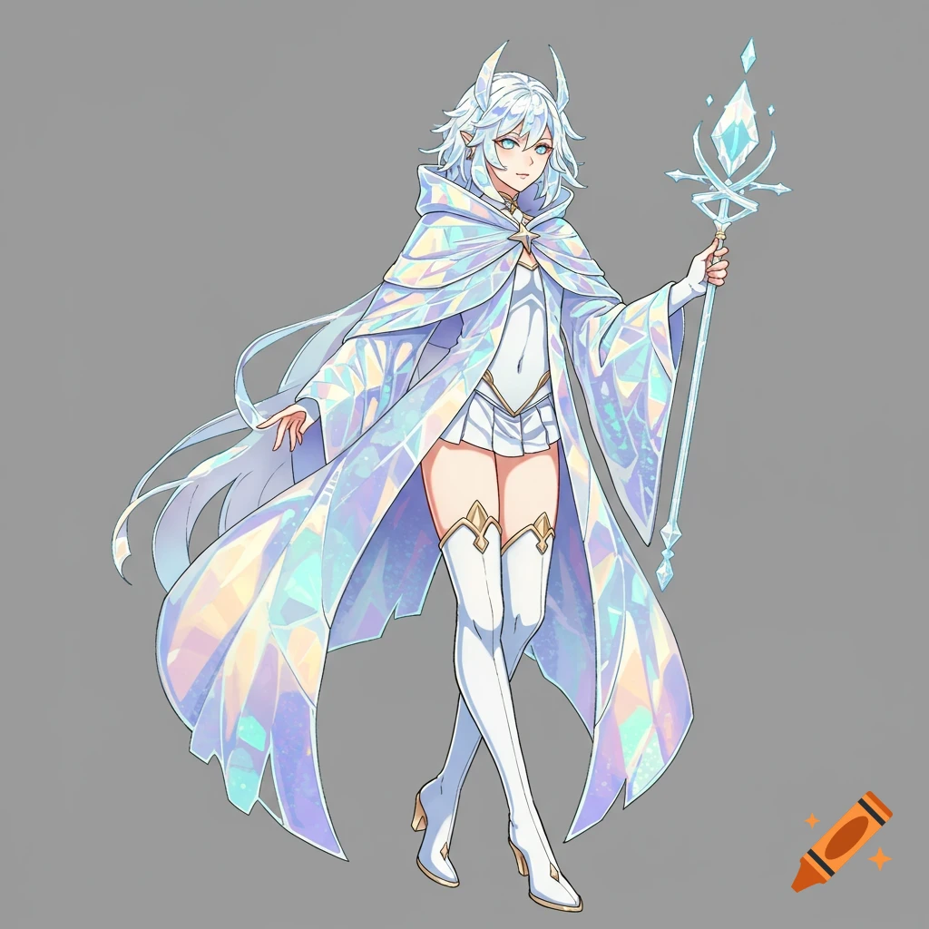 Anime character in an iridescent cloak holding a staff. on Craiyon