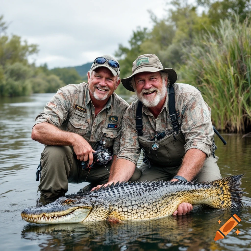 Two men fishing in a river hold up a large alligator. on Craiyon