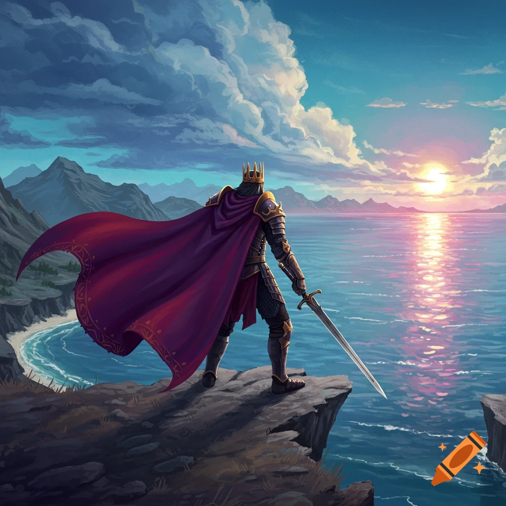 Warrior king on clifftop overlooking sea on Craiyon