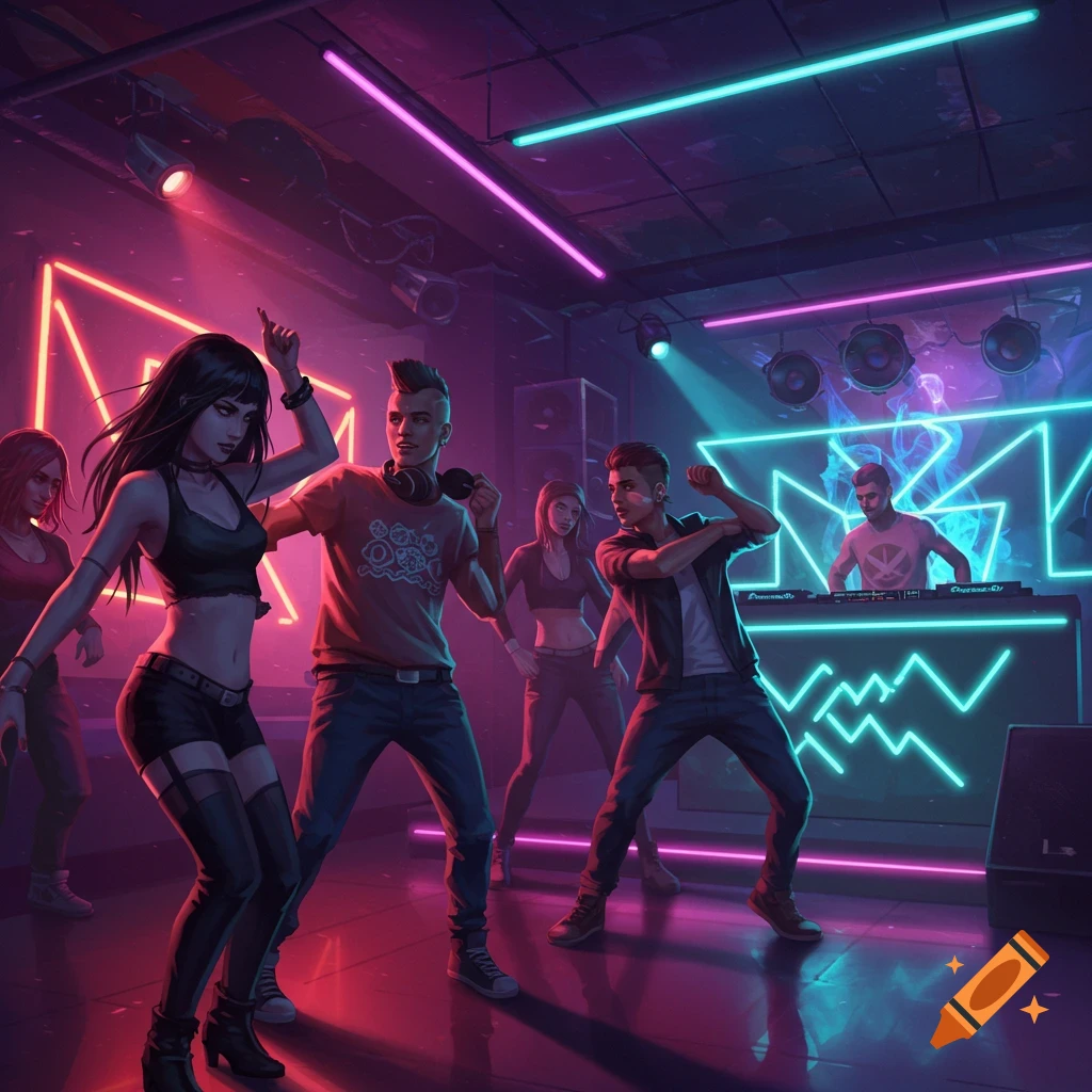 Anime-style illustration of vibrant characters dancing in a neon-lit ...