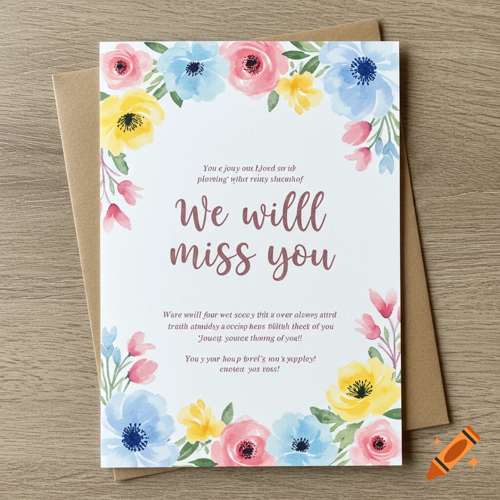 Watercolor floral card template with "We will miss you" message on Craiyon
